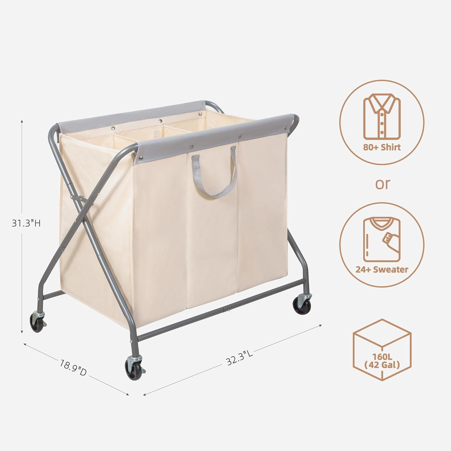 160L Collapsible Laundry Hamper with Wheels, Folding X Frame Laundry ...