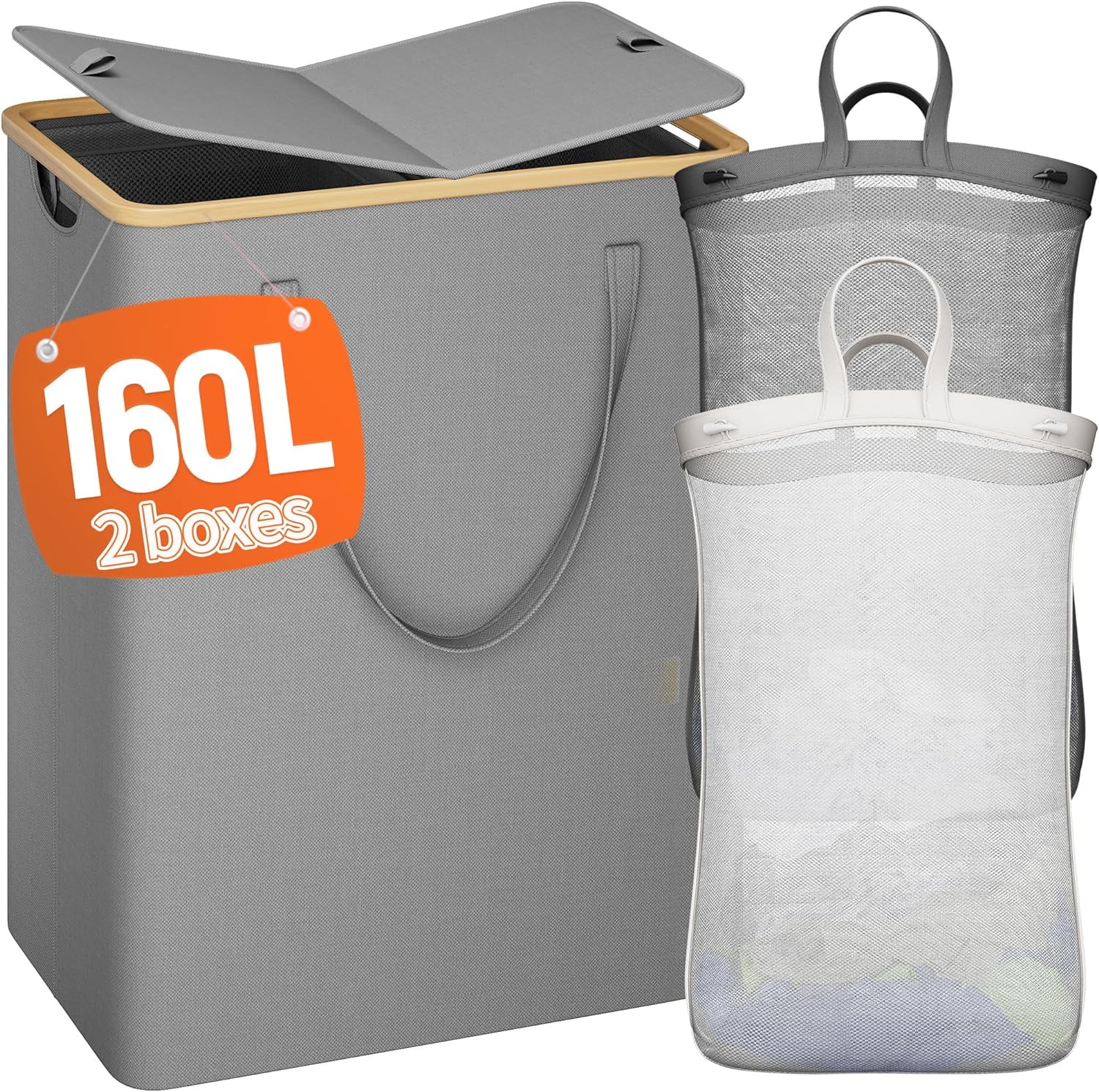 160L Double Laundry Hamper with Lid 2 Section, Large Bamboo Laundry ...