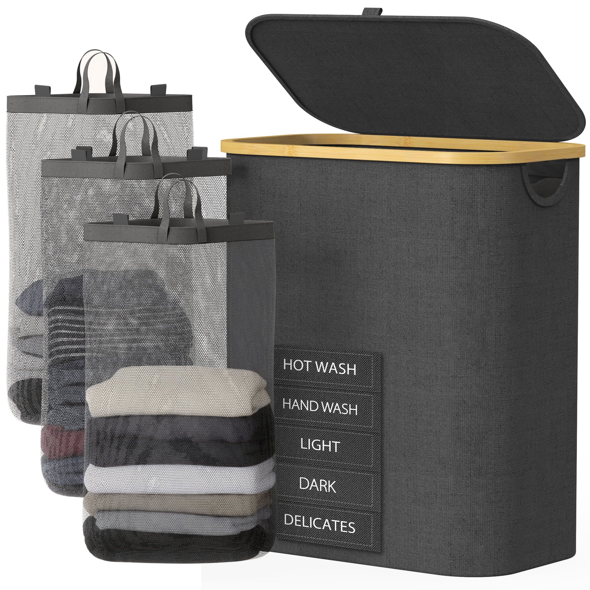 160L Laundry Basket With Lid, 3 Section Large Capacity With Removable ...