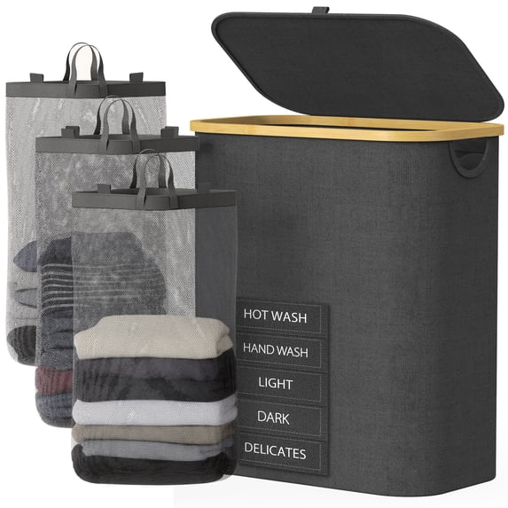 160L Laundry Basket With Lid, 3 Section Large Capacity With Removable ...