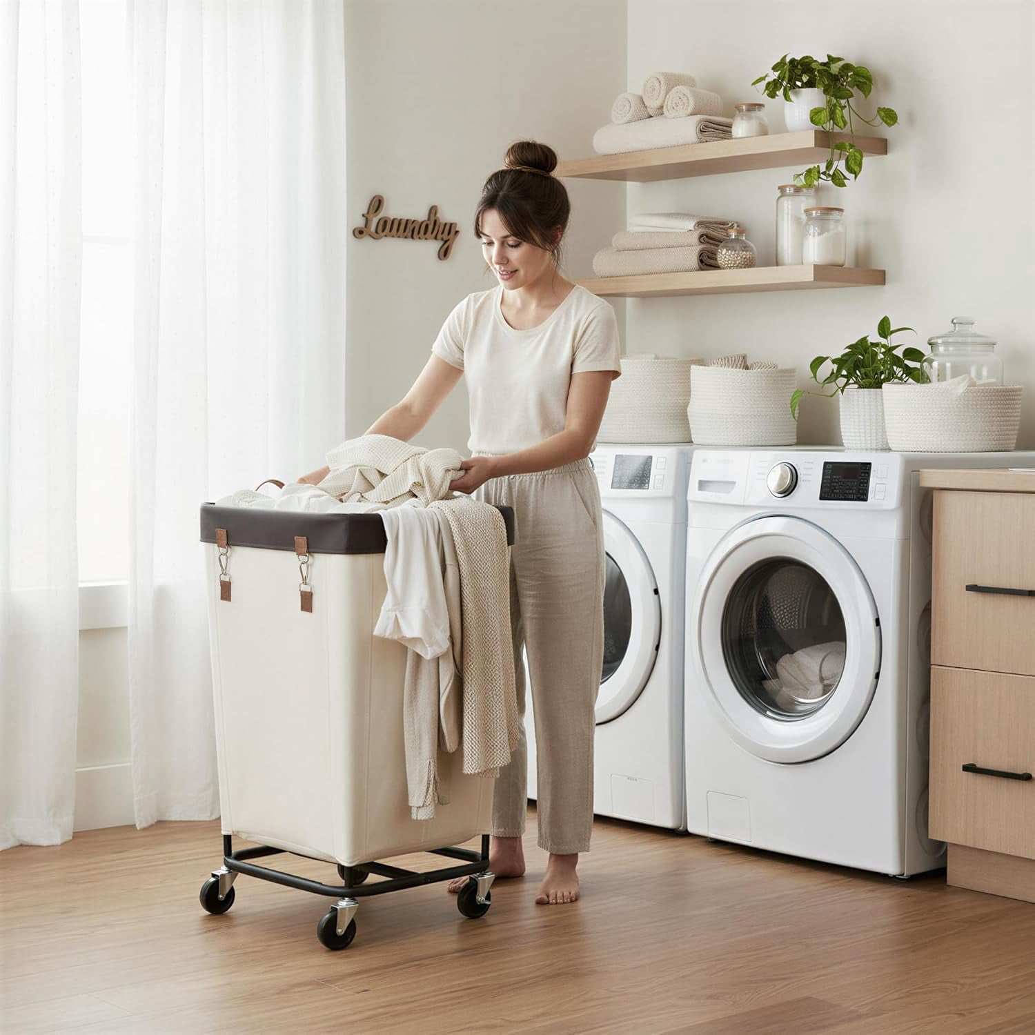 160L Rolling Laundry Basket with Wheels, Large Beige Hamper for Clothes ...