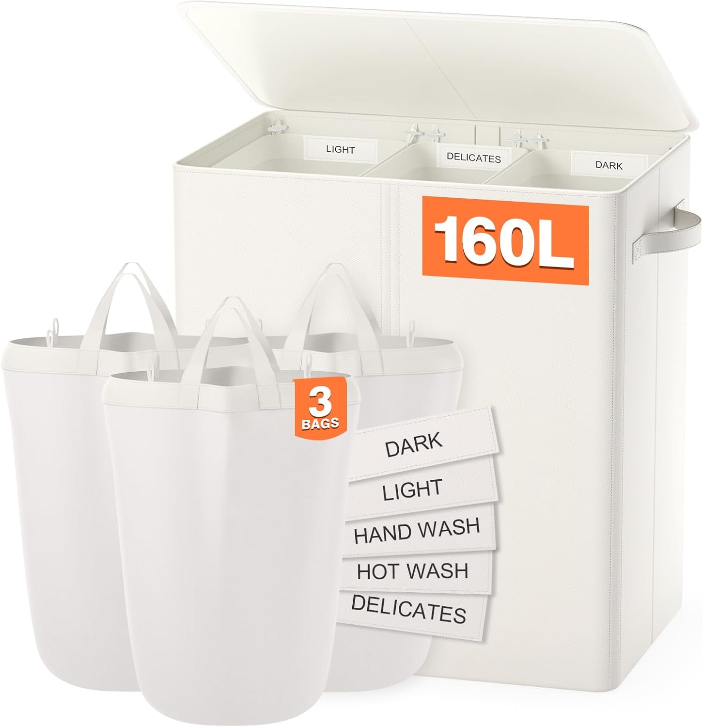 160L Laundry Hamper 3 Section, Dirty Clothes Hamper with Lid for ...