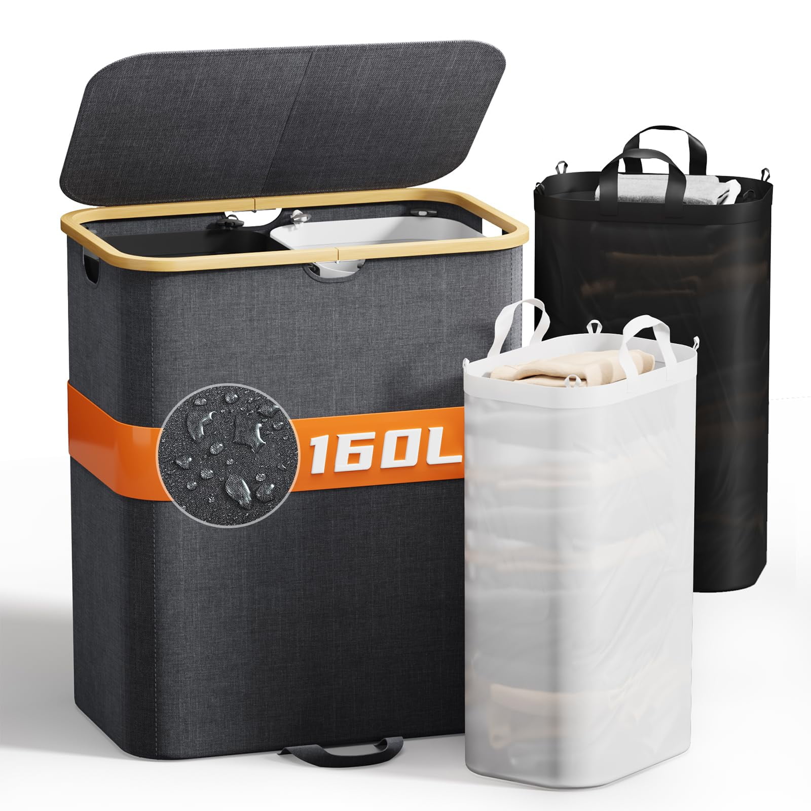 160L Laundry Hamper with Lid, Grey Extra Large Laundry Hamper 2 Section ...
