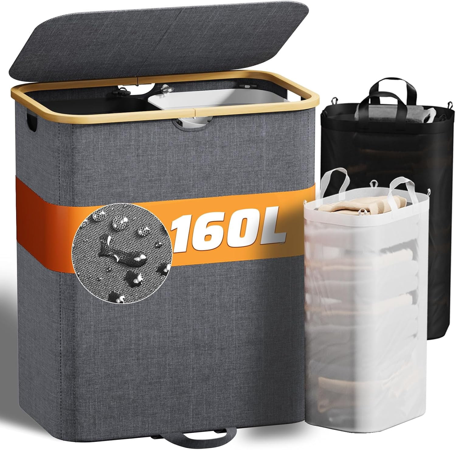 160L Laundry Hamper with Lid, Grey Laundry Hamper 2 Section with ...
