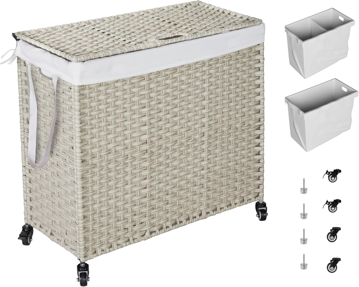 160L Laundry Hamper with Lid & 4 Wheels, PE Rattan Powder Coating Frame ...