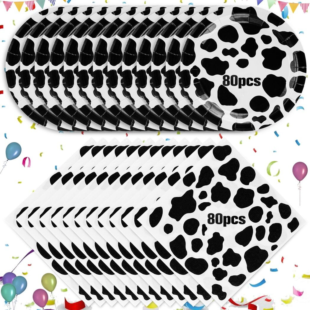 160PCS Birthday Plates and Napkins Party Supplies Cow Print Farm Animal ...