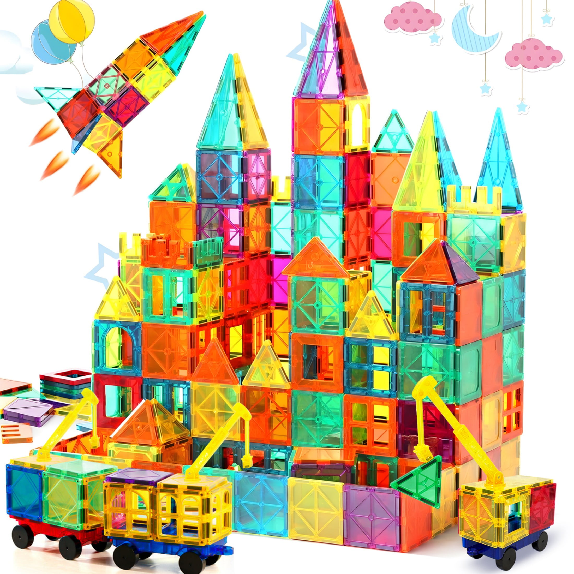 160PCS Kids Magnetic Tiles with Cars and Cranes - Clear 3D Magnet ...