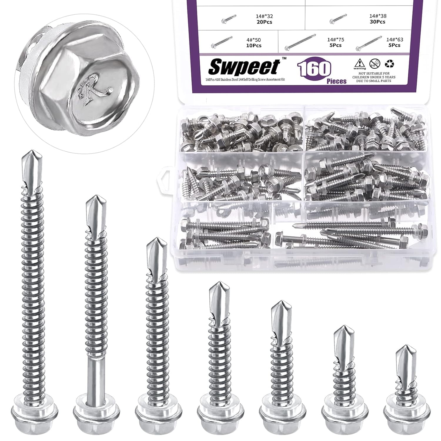 160Pcs 410 Stainless Steel #14 Hex Washer Head Self Drilling Screws Assortment Kit, Self ...