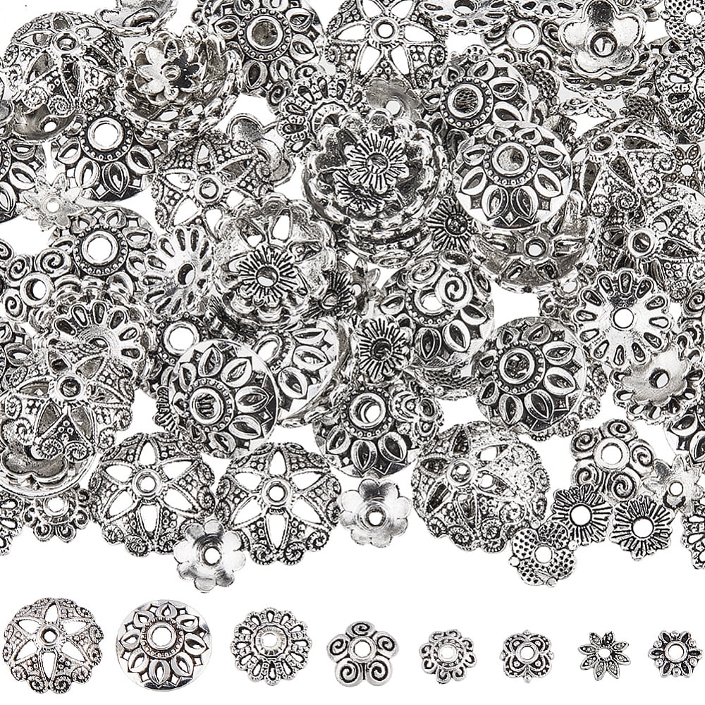 160Pcs 8 Style Tibetan Style Alloy Flower Bead Caps Silver 7~12x1.5~5mm ...