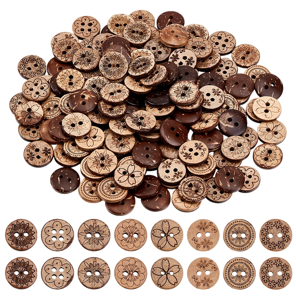 160Pcs 8 Styles Tan Flower Buttons Natural Coconut Shell Flower Wooden ...