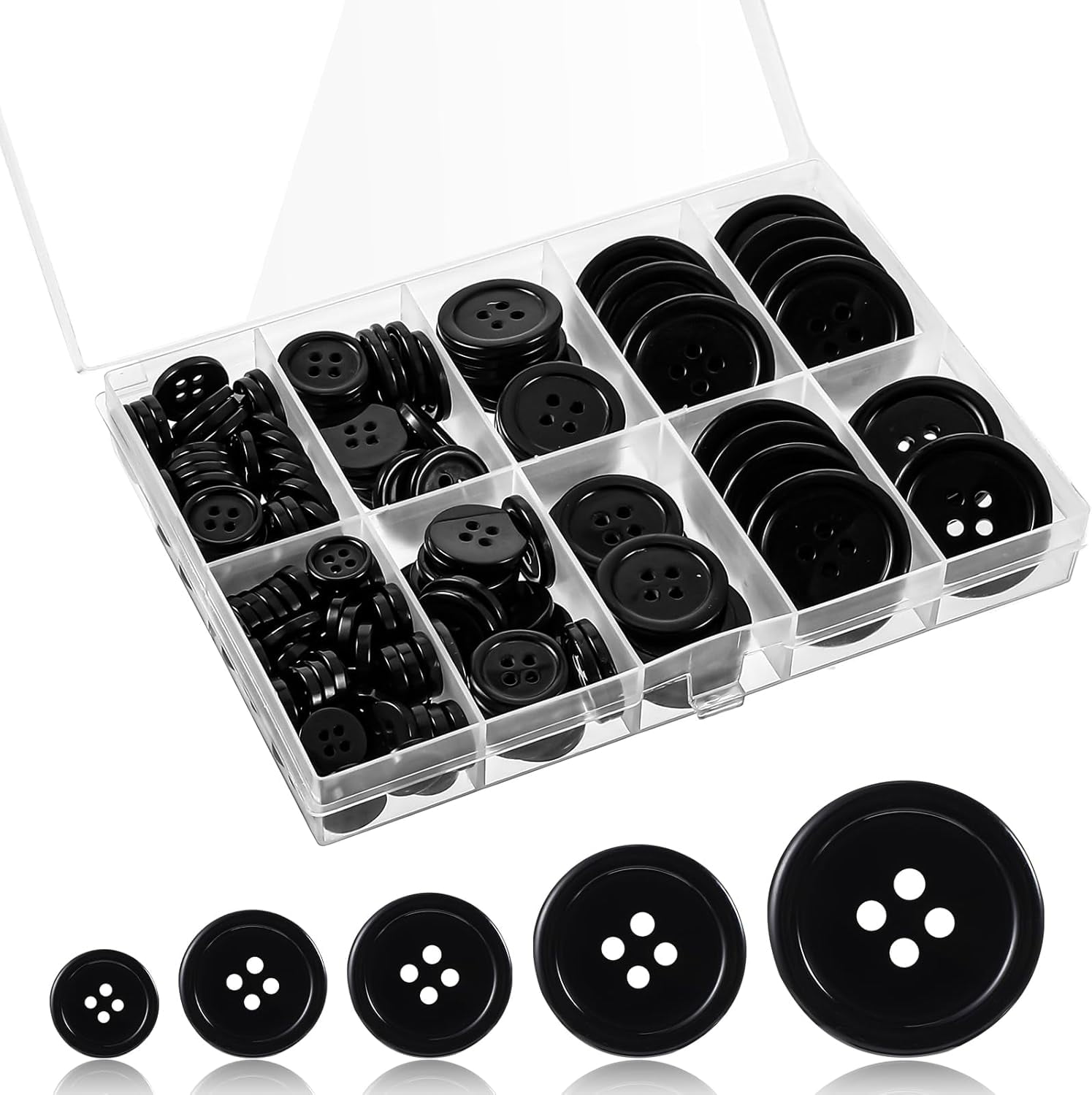 160Pcs Resin Black Buttons, 4-Hole Round Sewing Buttons, 5 Sizes of ...