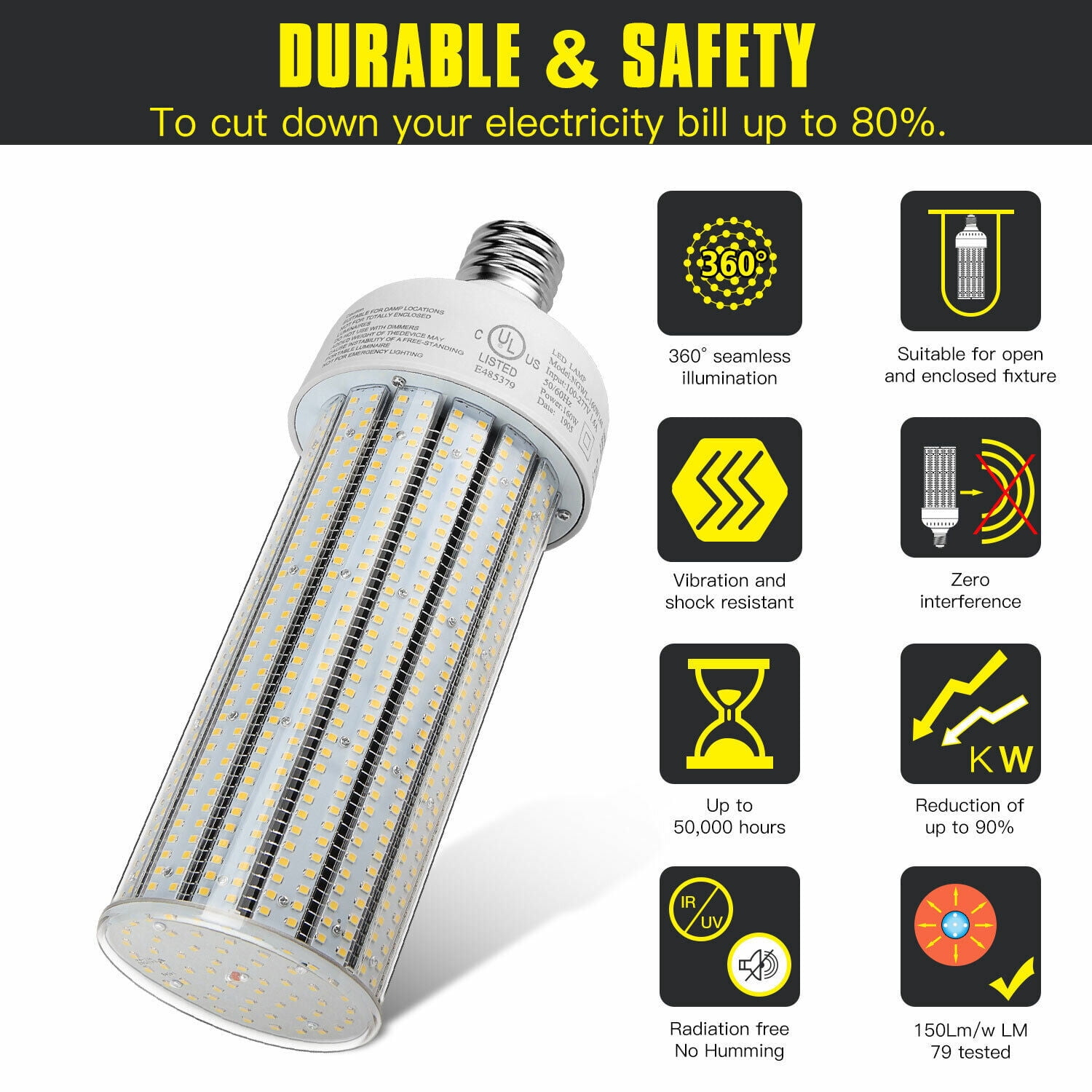 160W LED Corn Cob Bulb For Airport Office Workshop Light (700W MH HID ...