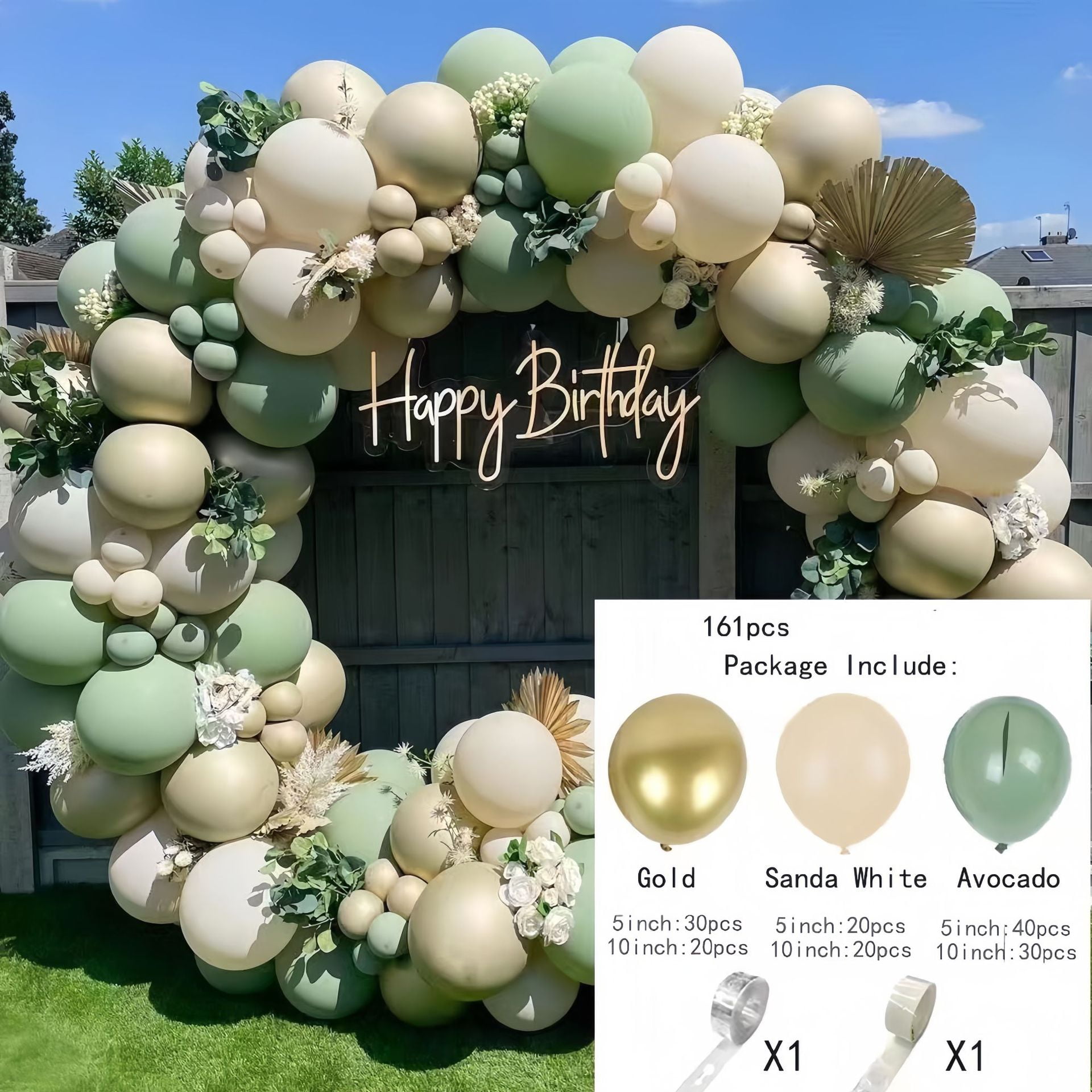 161Pcs Sage Green White Sand Balloon Arch Kit, Green Beige Gold ...