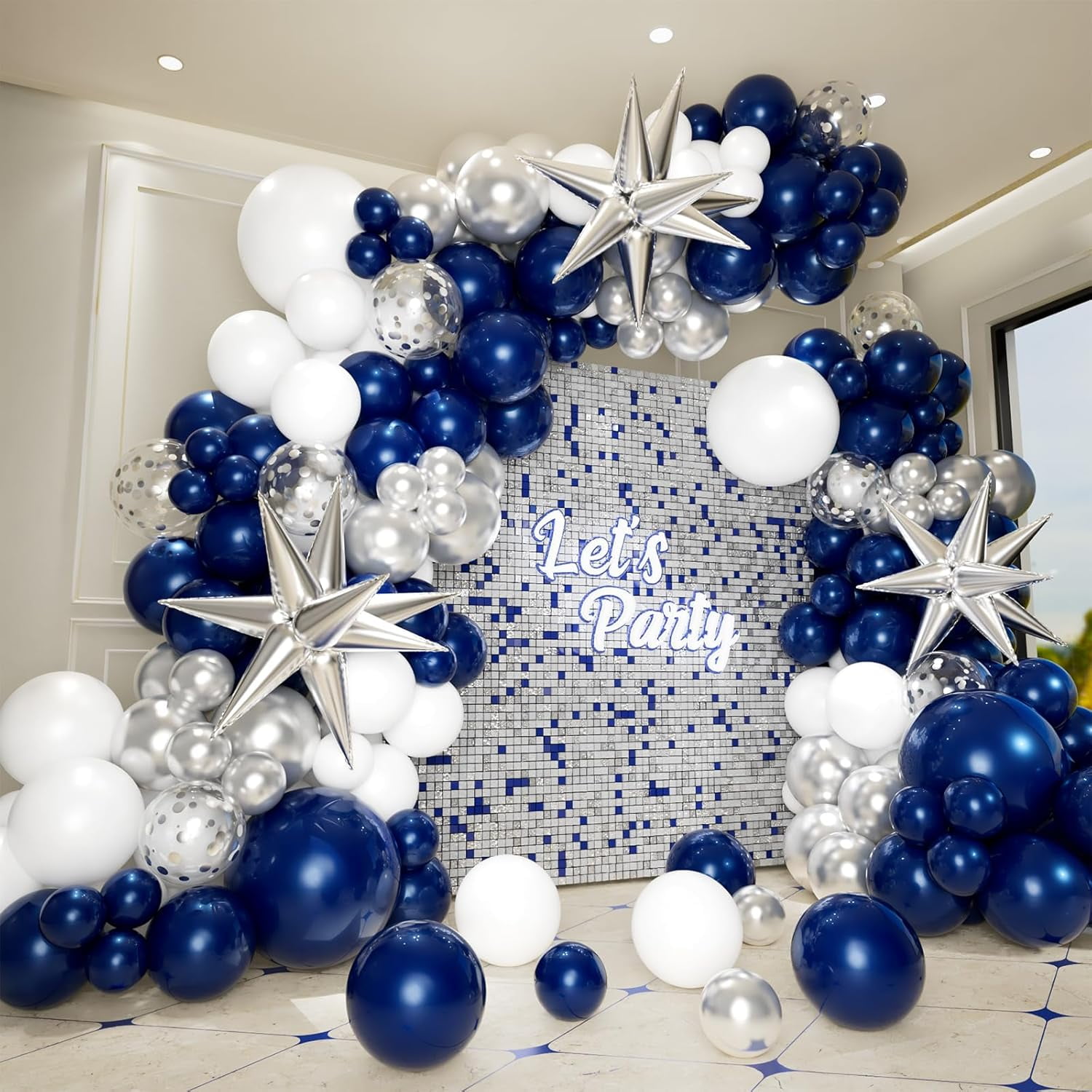 161pcs Navy Blue and Silver Balloon Garland Arch Kit with Blue White Silver Confetti Balloons ...
