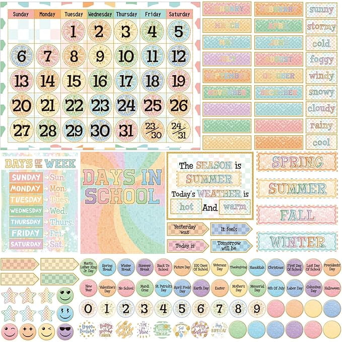 162 Pcs Pastel Checkerboard Classroom Calendar Bulletin Board Set for ...