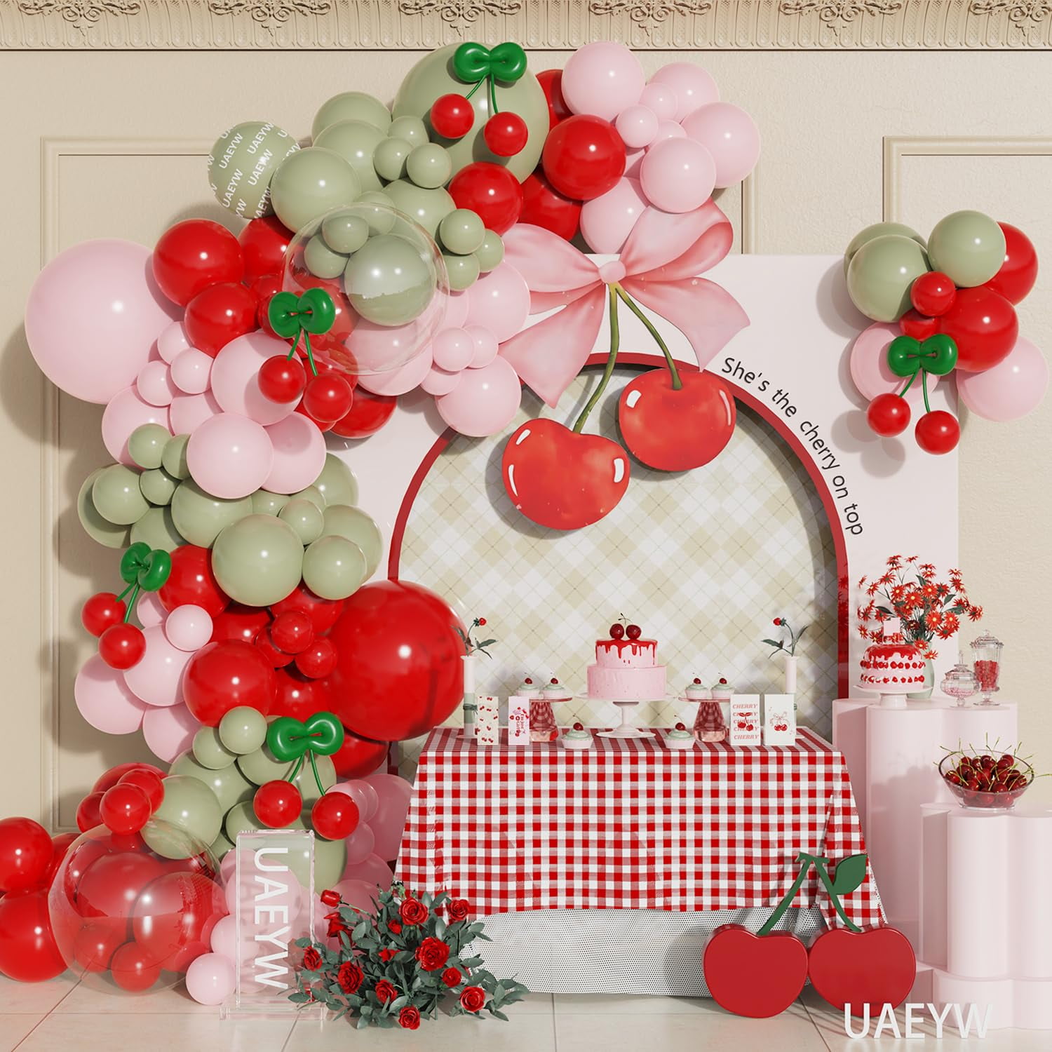 162Pcs Cherry Balloon Arch KEF16 Garland Kit Red Pink Sage Green Balloons for Girls Cherry ...
