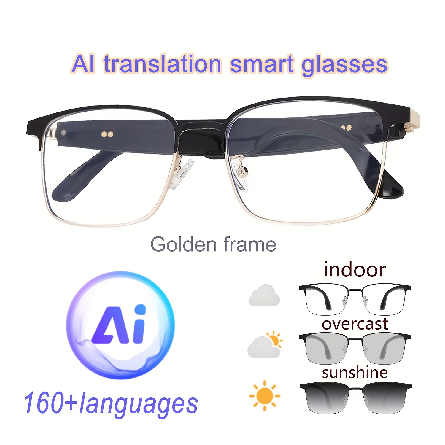 164-language AI translation glasses with GPT system. Color-changing ...