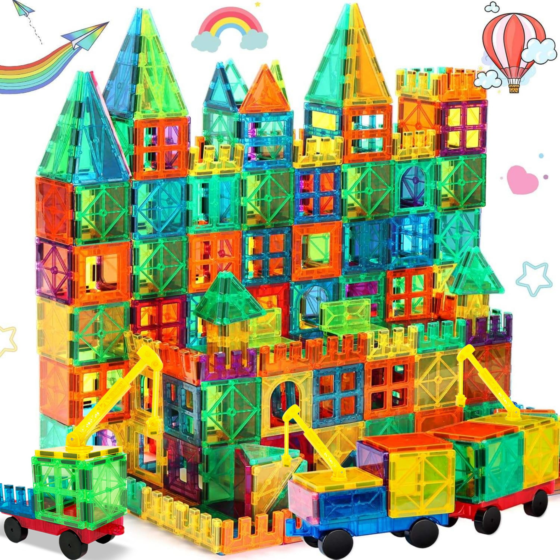 164PCS Kids Magnetic Tiles with Cars and Cranes - Clear 3D Magnet ...