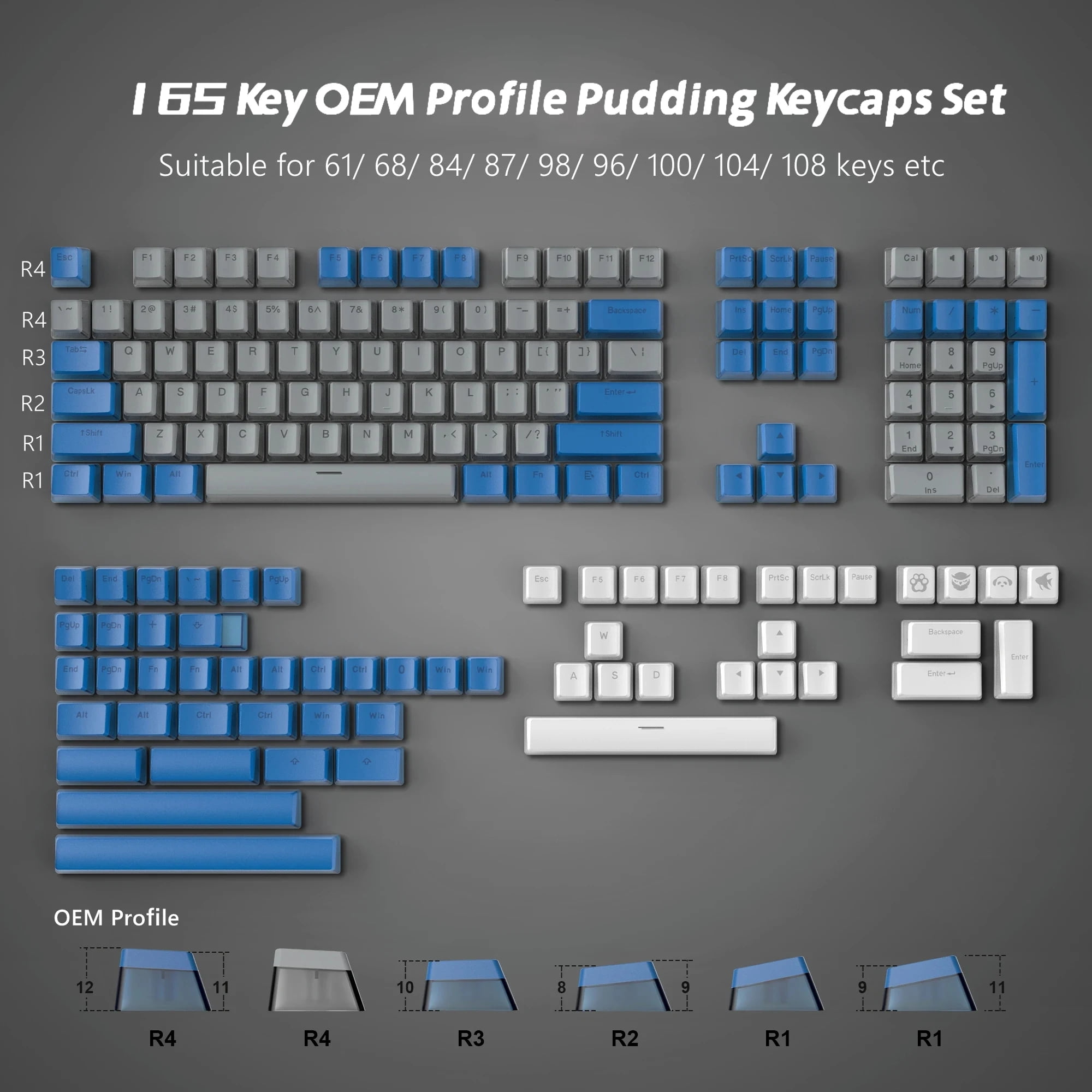 165 Key PBT Pudding Keycaps White Grey Set OEM Profile Double Shot ...