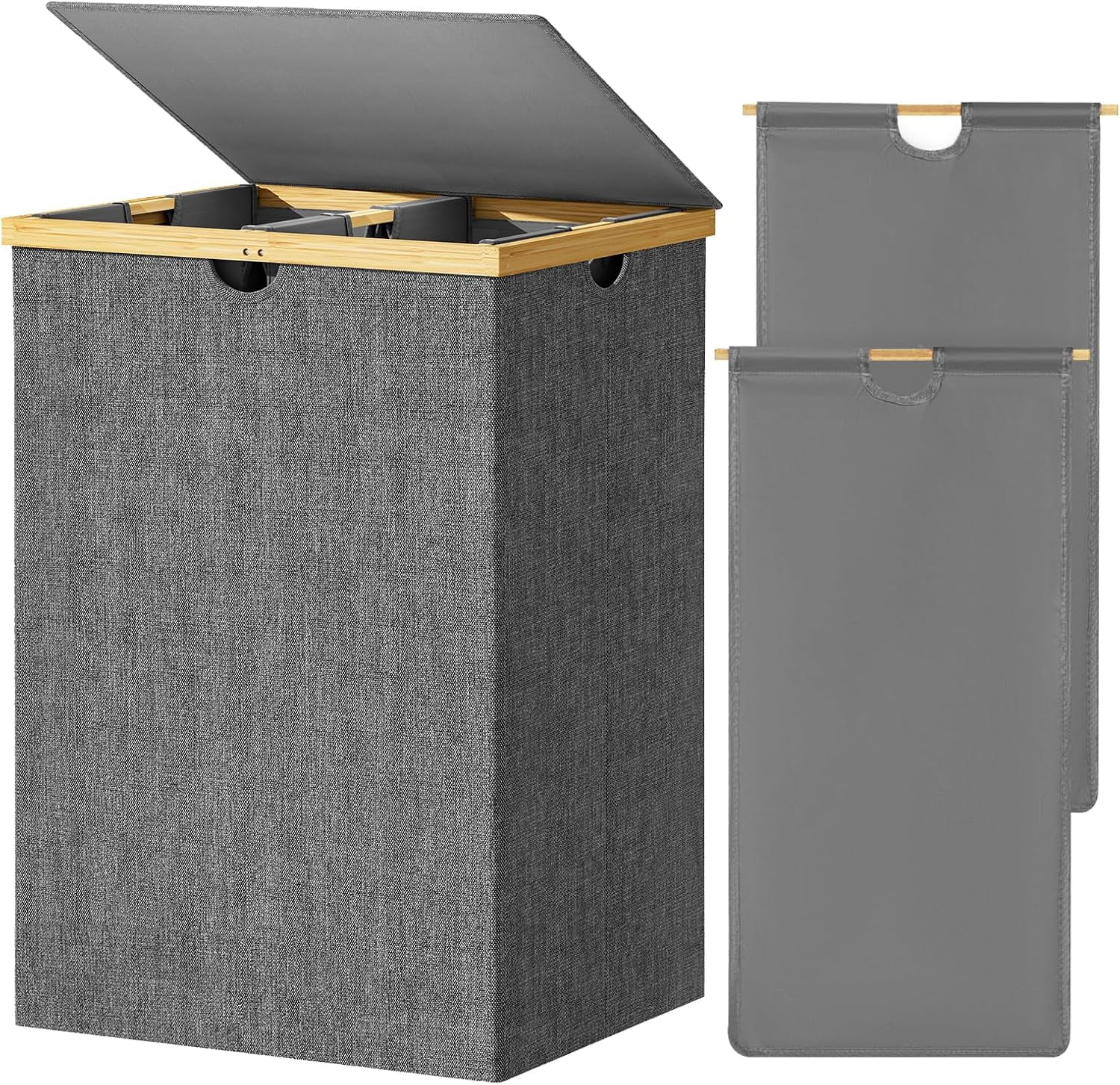 165L Double Laundry Hamper with Lid Bamboo Laundry Basket 2 Section ...