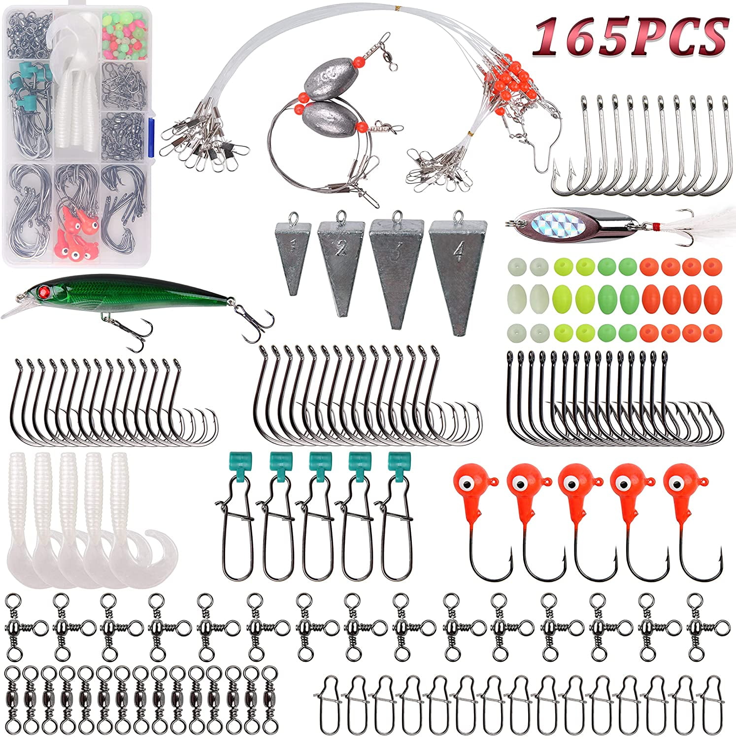 165pcs Surf Fishing Tackle Kit: Saltwater Lures, Hooks, Swivels, Spoons ...