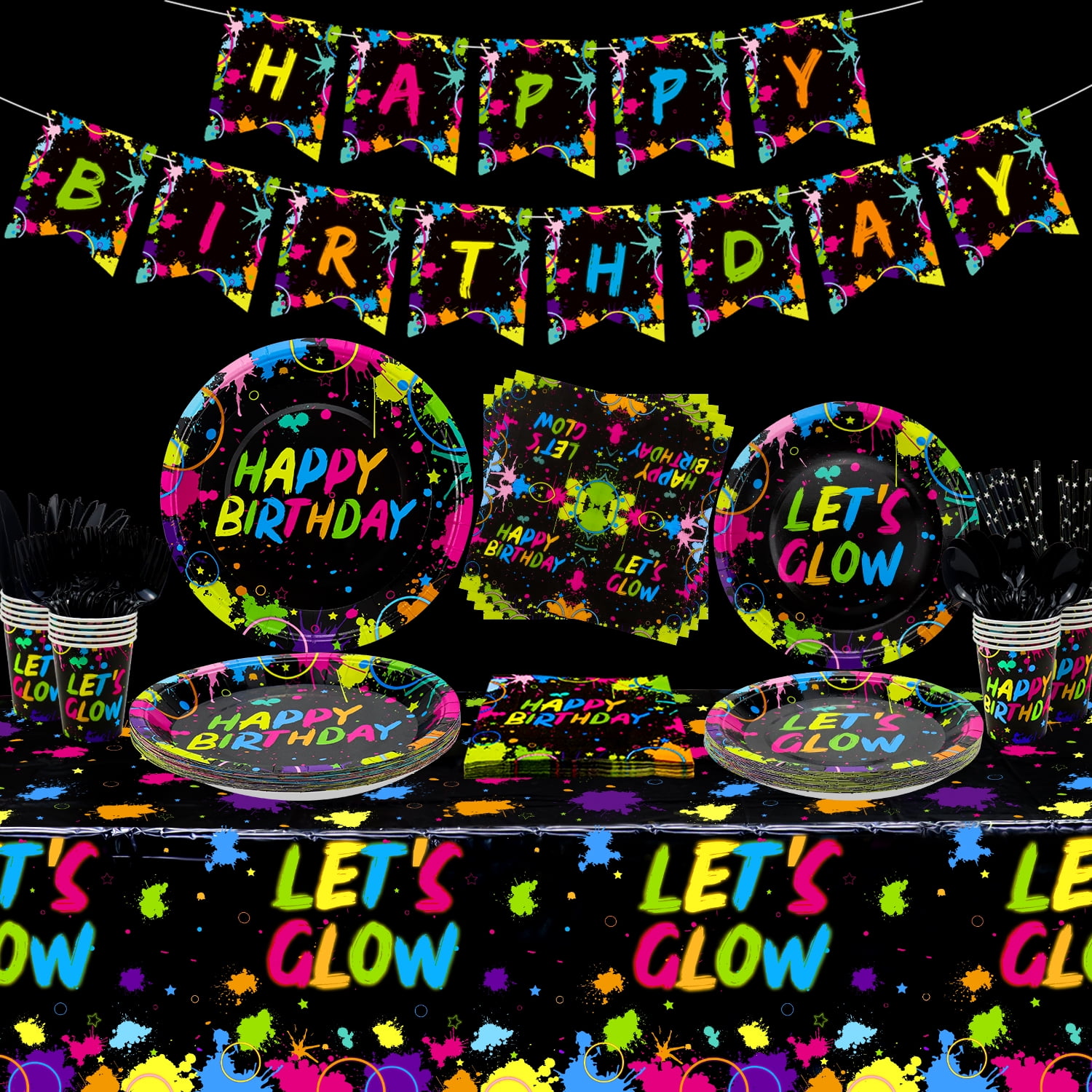 Glow Neon Party Supplies - 167pc Set with Banner, Plates, Napkins, Cups ...