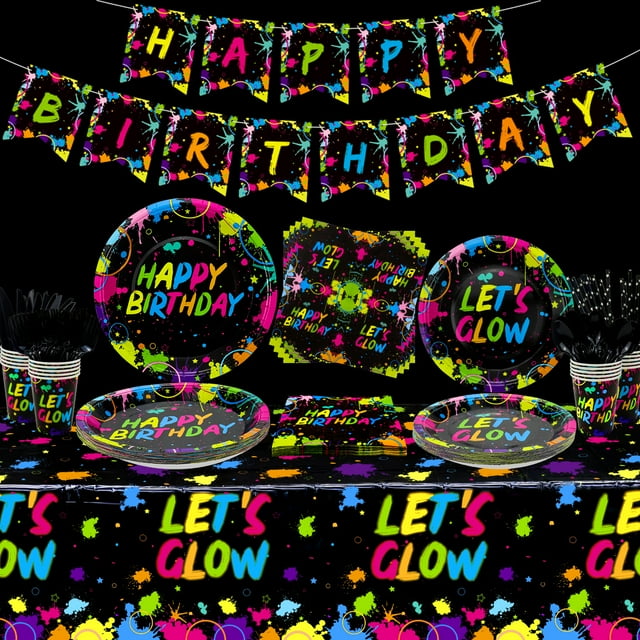 Glow Neon Party Supplies - 167pc Set with Banner, Plates, Napkins, Cups ...