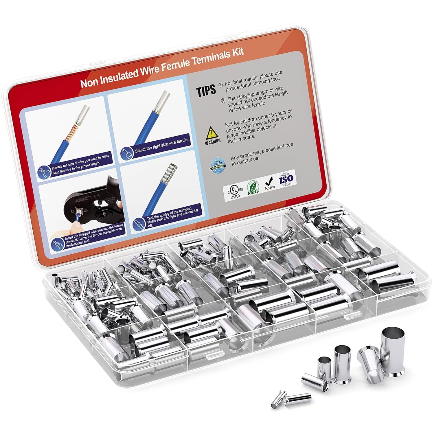 168 Pcs Wire Ferrules Kit 12-1/0 Gauge, Tinned Crimp Copper Ferrule ...