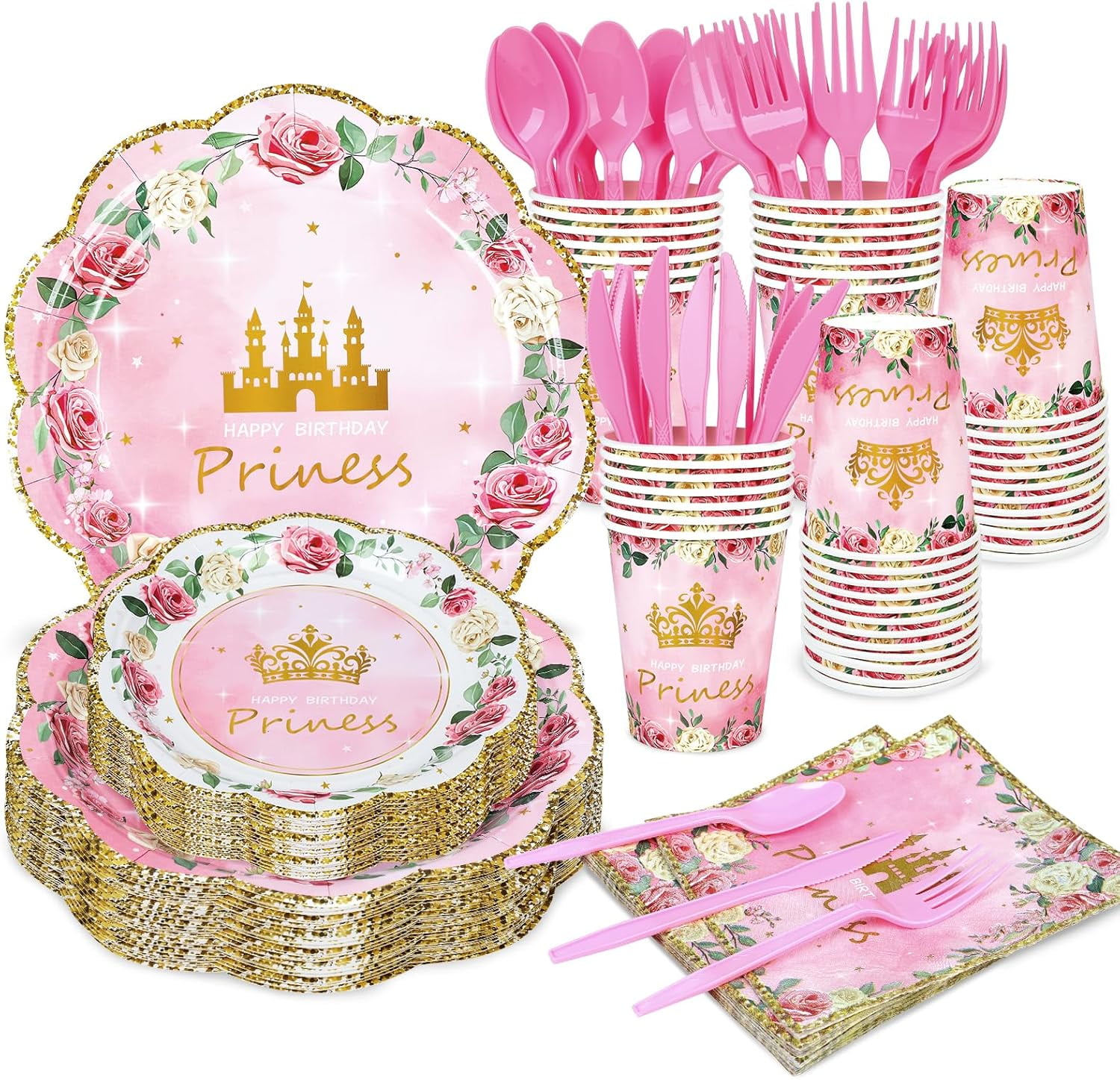 PHYSUN-168 Pieces Pink Princess Disposable Party Dinnerware - Princess ...