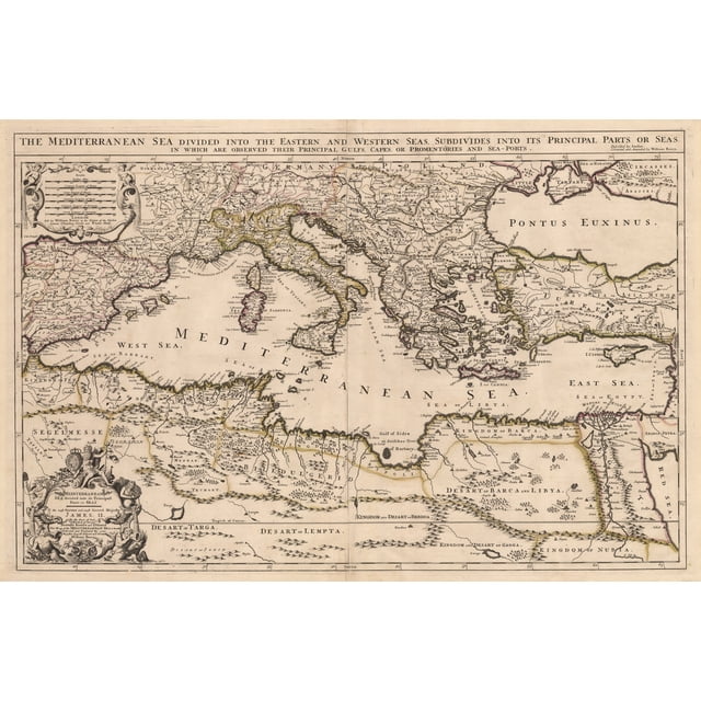 1685 Mediterranean Sea divided into its Principall Parts of Seas ...