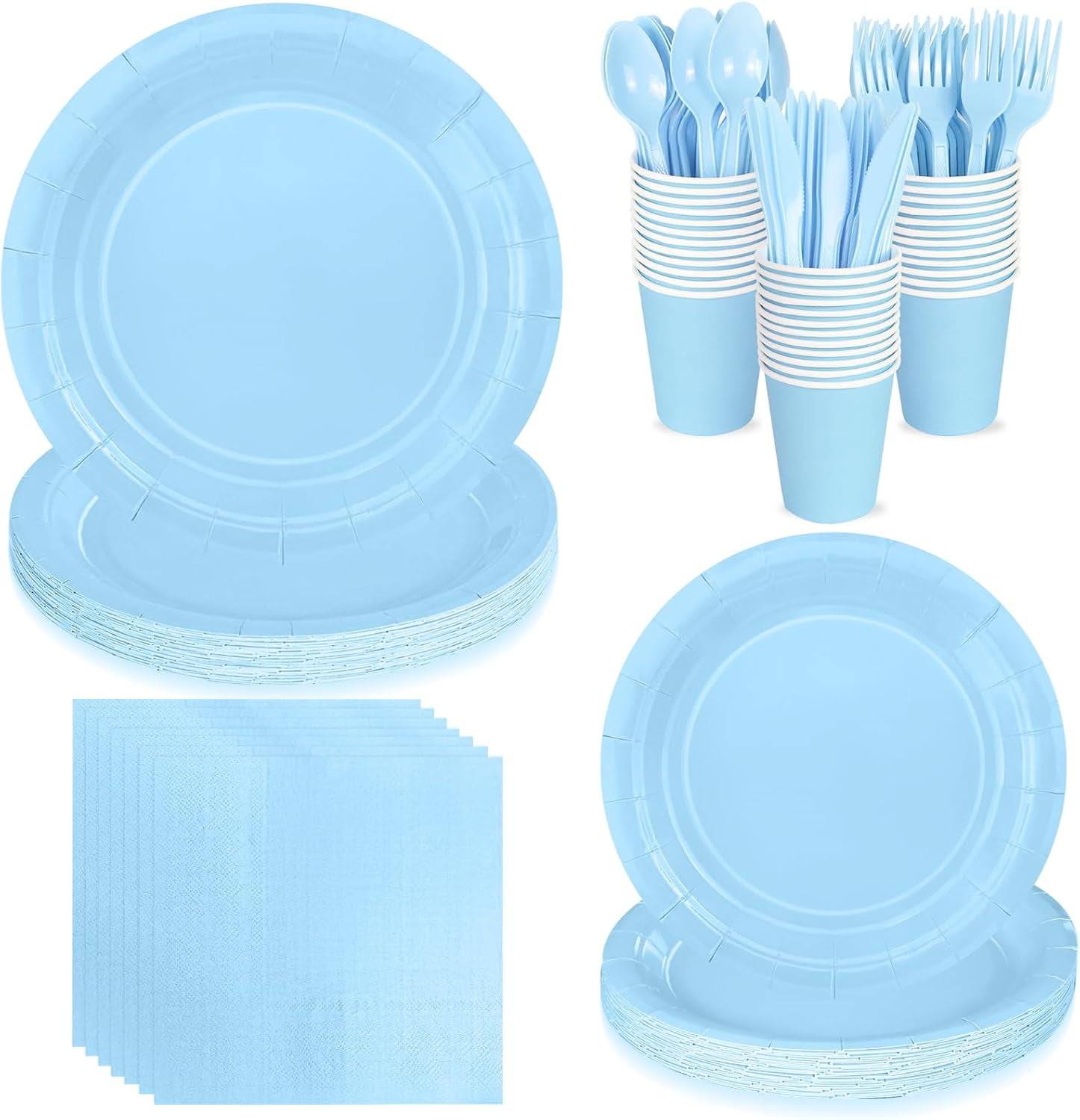 168PCS Light Blue Paper Plates and Napkins, Disposable Plates Set with ...