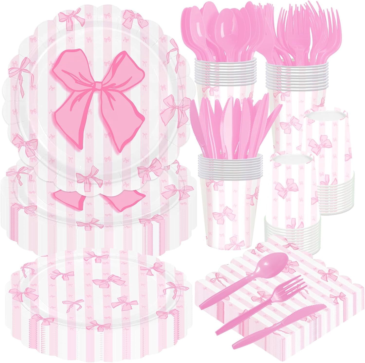 168Pcs Pink Bow Party Paltes and Napkins Tableware Sets for Coquette ...