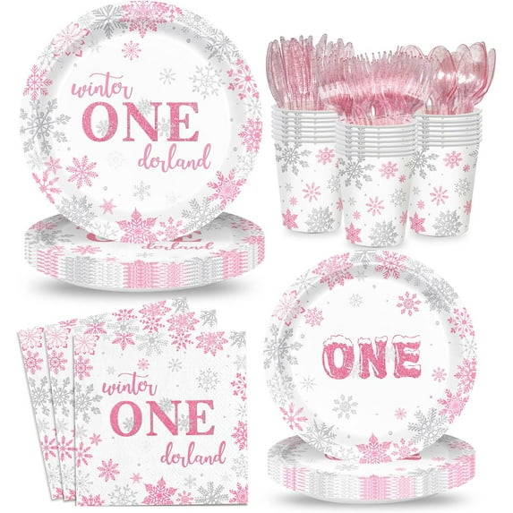 PHYSUN-168pcs Winter Onederland Party Supplies Pink and Silver ...
