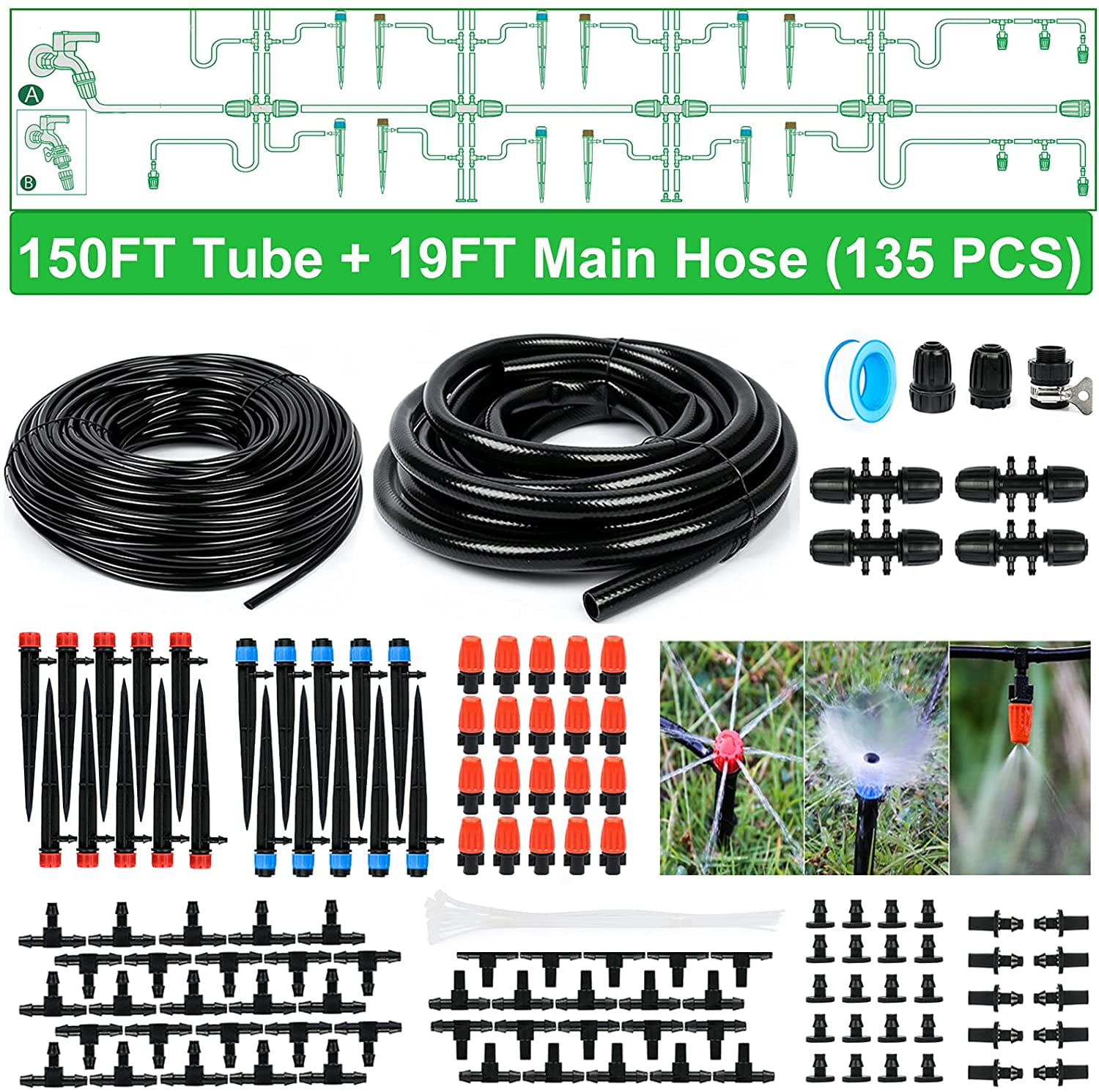 169FT Drip Irrigation System, Garden Watering System with 1/2"& 1/4 ...
