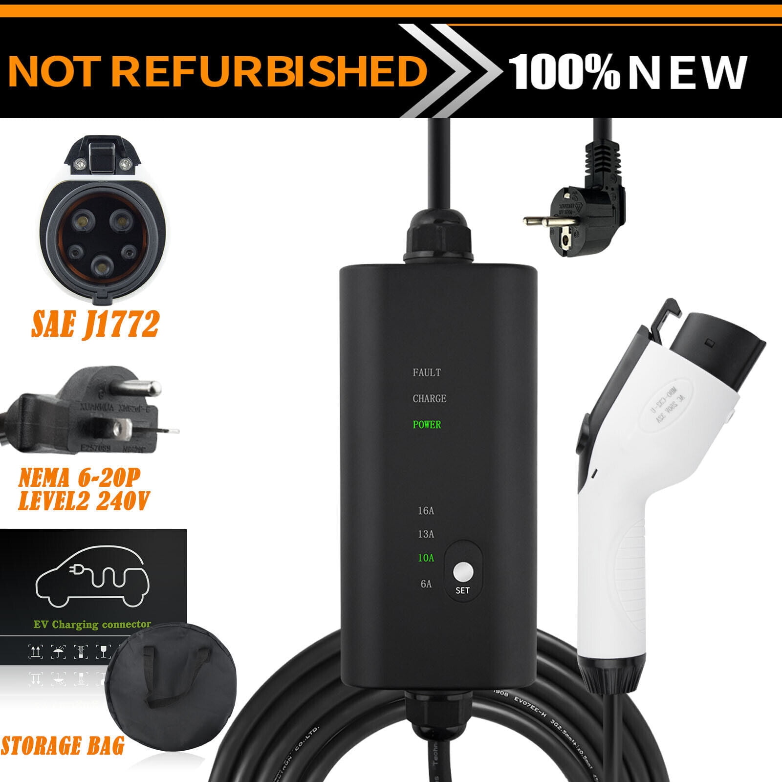 16A EV Charger Electric Car Portable Charging Cable NEMA6-20 EVSE 110V ...