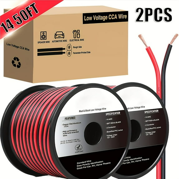 16AWG 100ft CCA Speaker Wire, 2-Conductor Red/Black for Car Audio ...