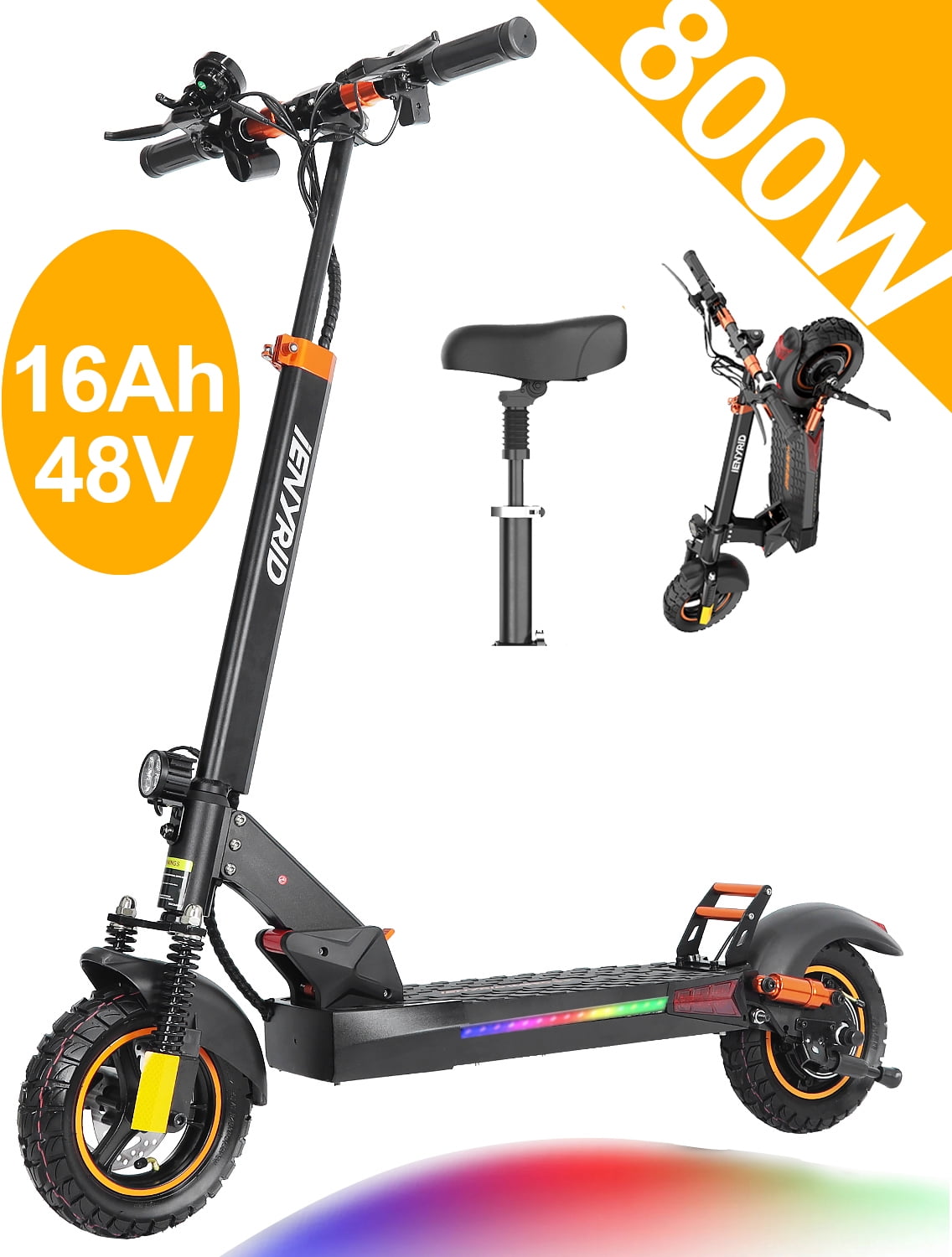 16Ah 48V Electric Scooter 800W with Seat, 10 Inch Air-Filled Tires, Max ...