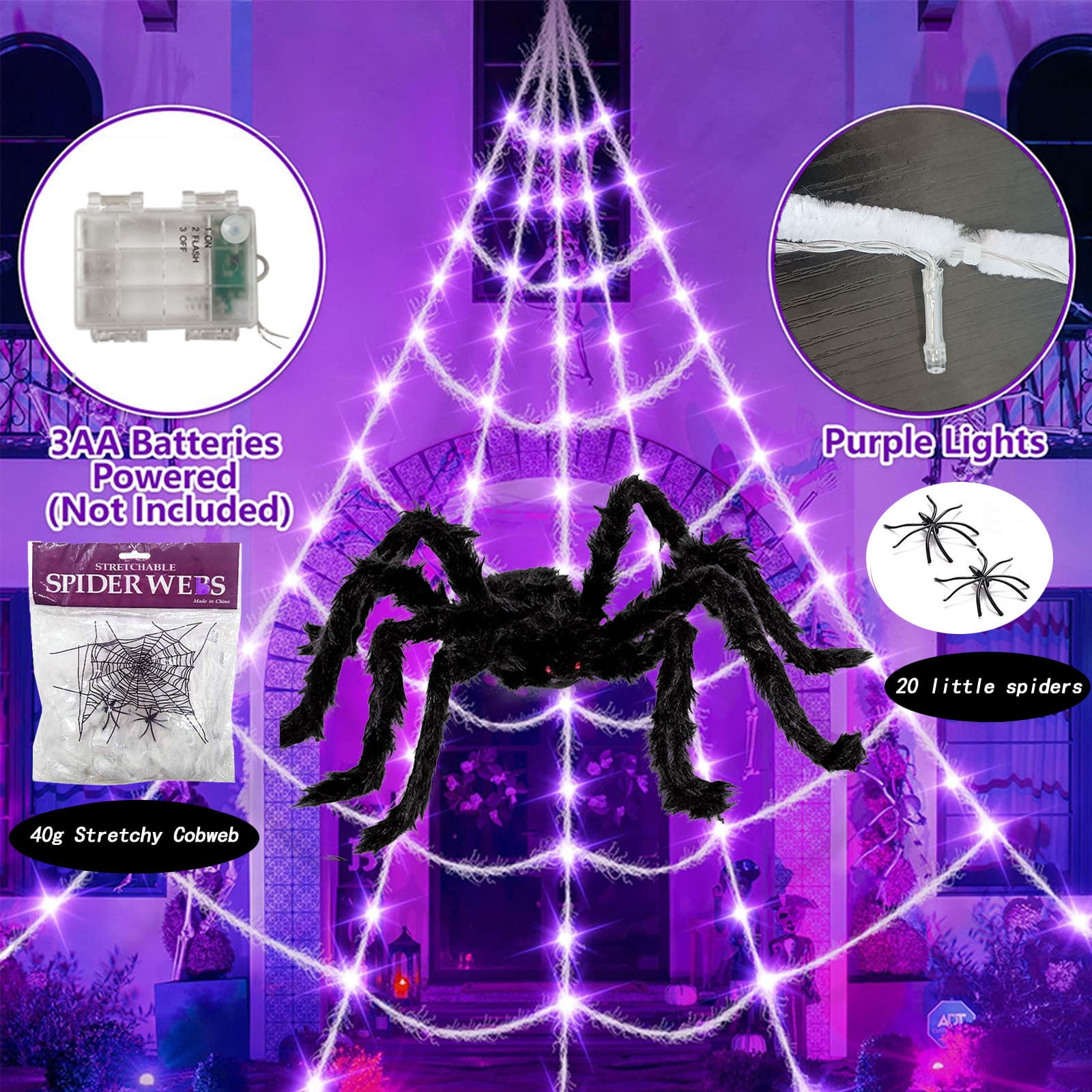 16FT Halloween Spider Web with 59.1" Spifer Led Purple Lights Light Up ...