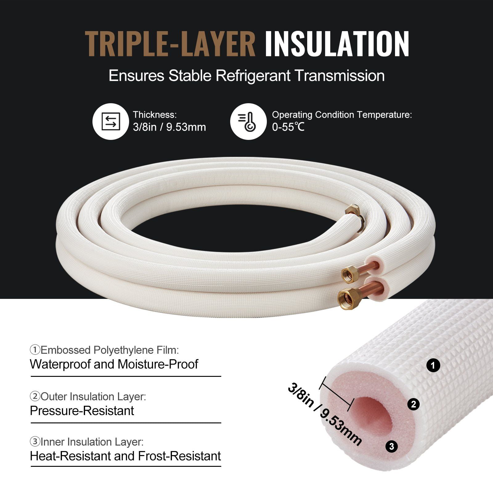 16FT Mini Split AC Line Set, 3/8" & 5/8" Copper Tubing with Triple ...