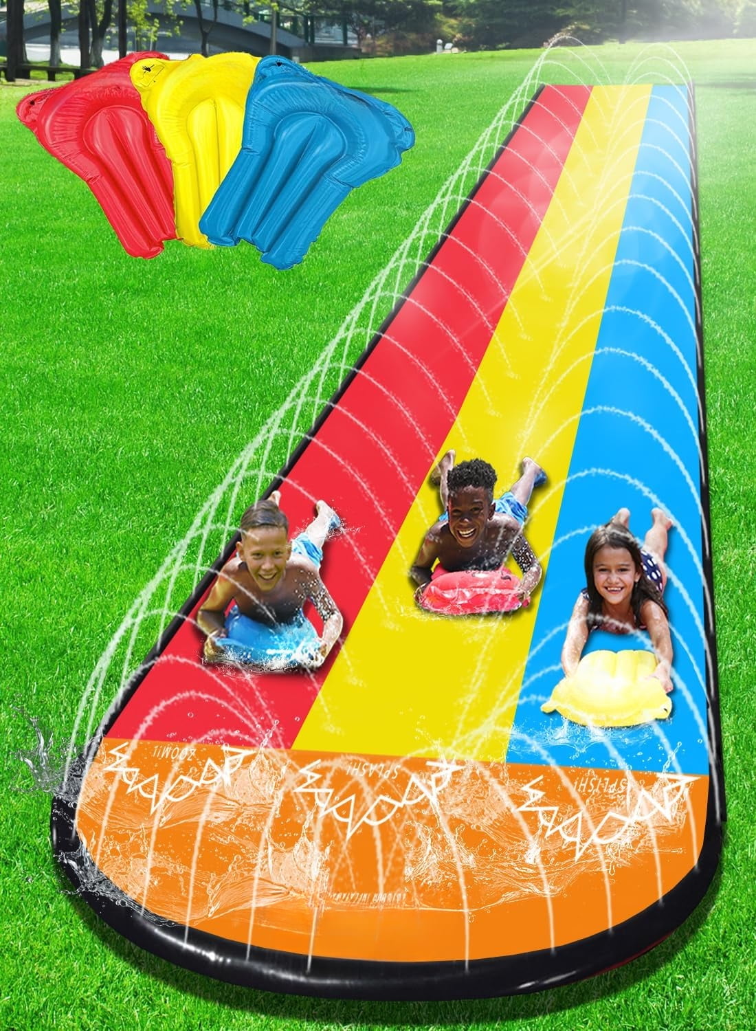 16Ft Premium 3 Lane Slip Splash and Slide with Bodyboards, Heavy Duty ...