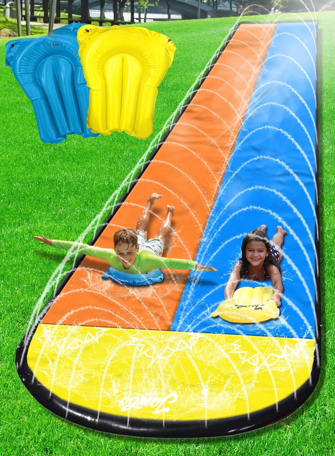 16Ft Premium 3 Lane Slip Splash and Slide with Bodyboards, Heavy Duty Water Slide- Advanced 3 ...
