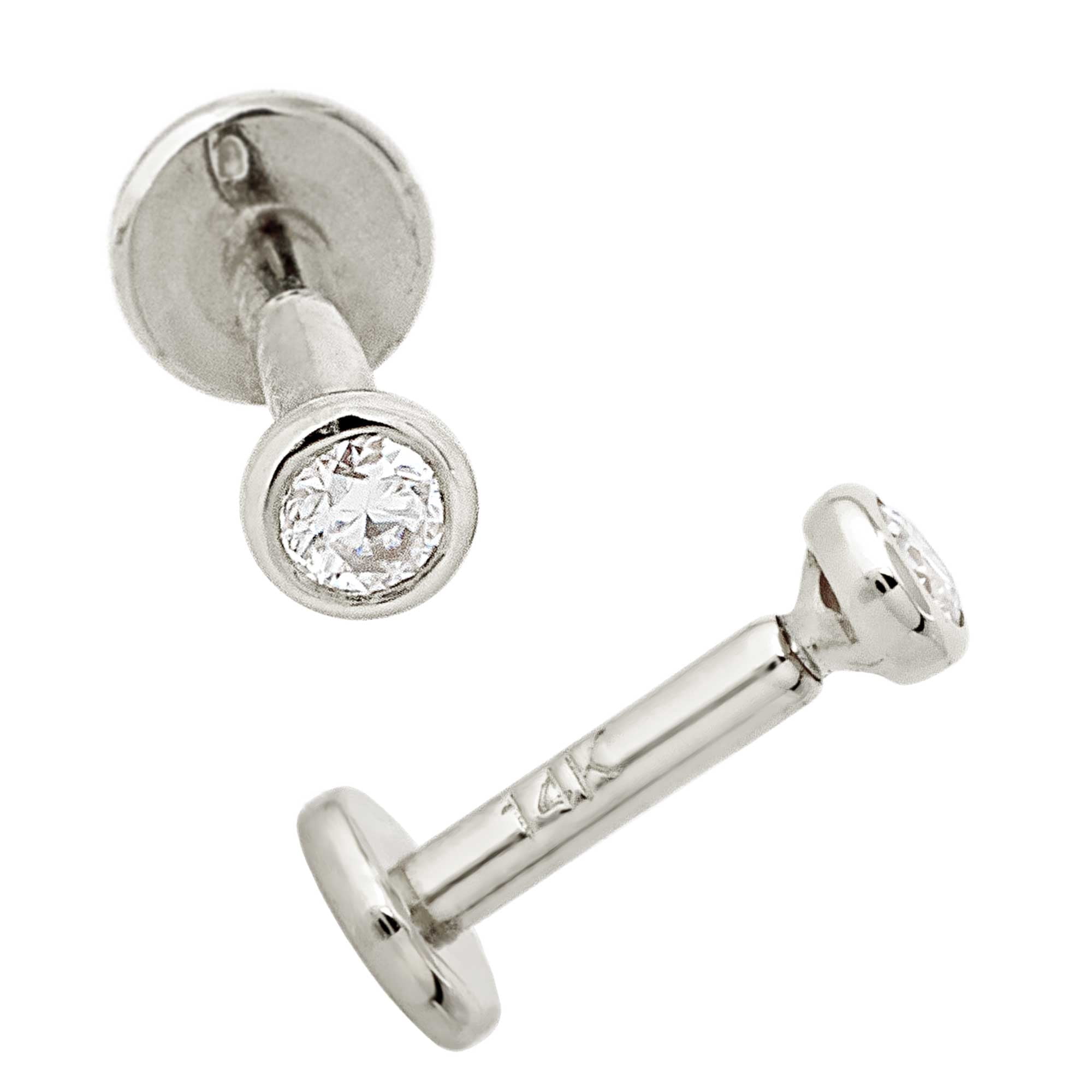 16G 14K White Gold Bezel Set 2mm Moissanite Labret Monroe Stud 6mm Post ...
