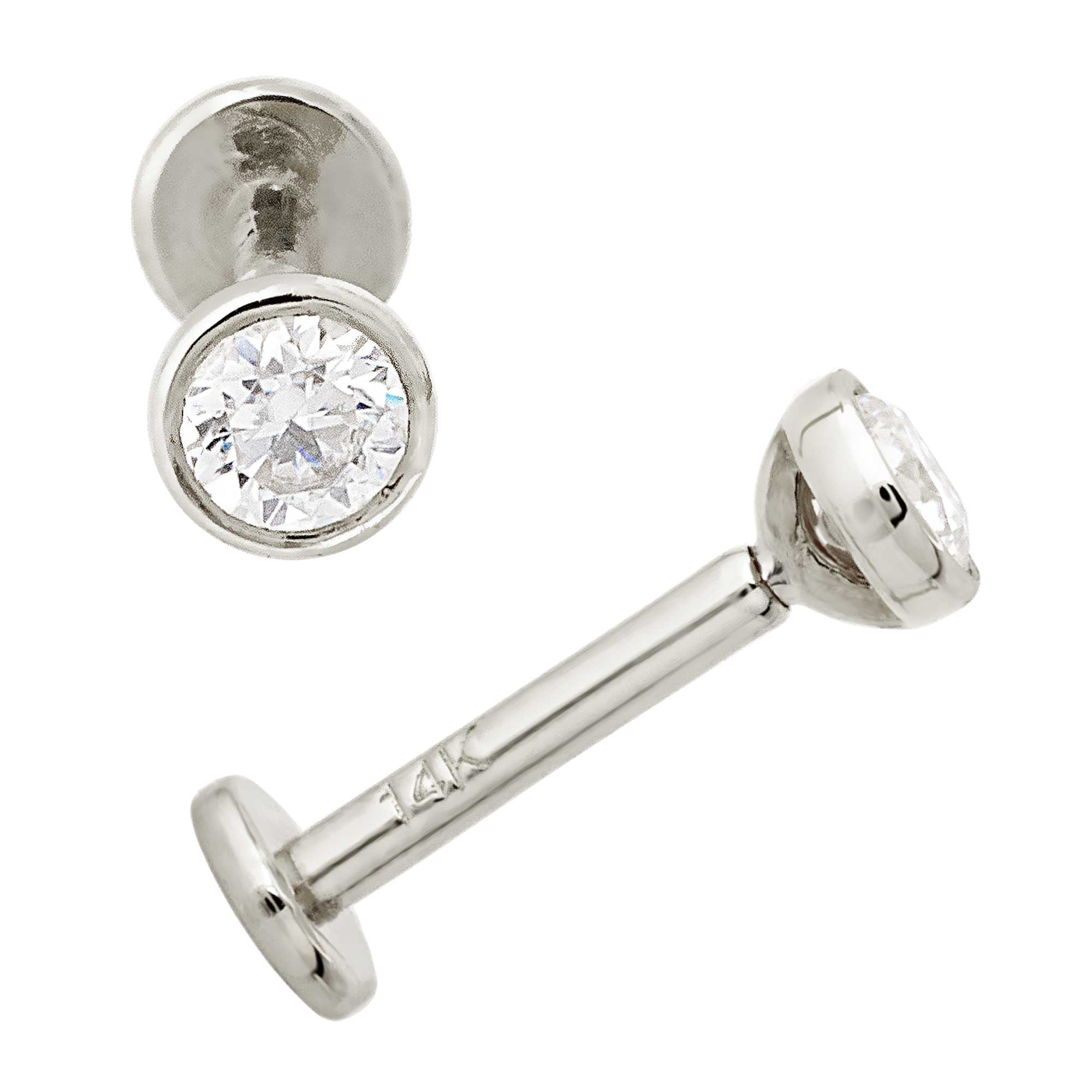 16G 14K White Gold Bezel Set 3mm Moissanite Labret Monroe Stud 8mm Post ...