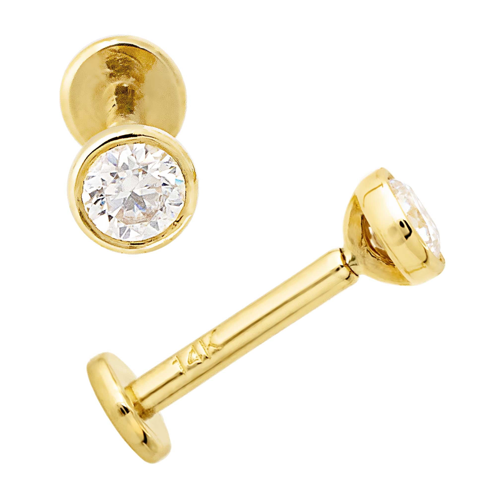 16G 14K Yellow Gold Bezel Set 3mm Moissanite Labret Monroe Stud 8mm ...