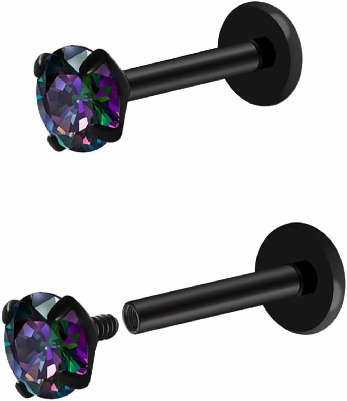 16G 18G Titanium Internal Thread CZ Stud Earrings Flat Back, Silver ...