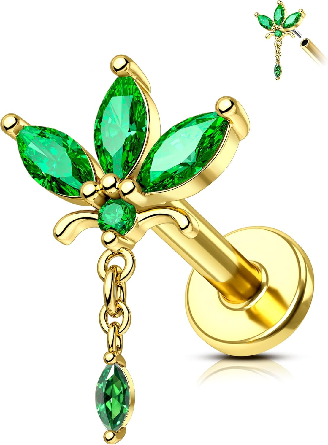 16G Helix Tragus Conch Piercing Jewelry for Women, Emerald Flower ...