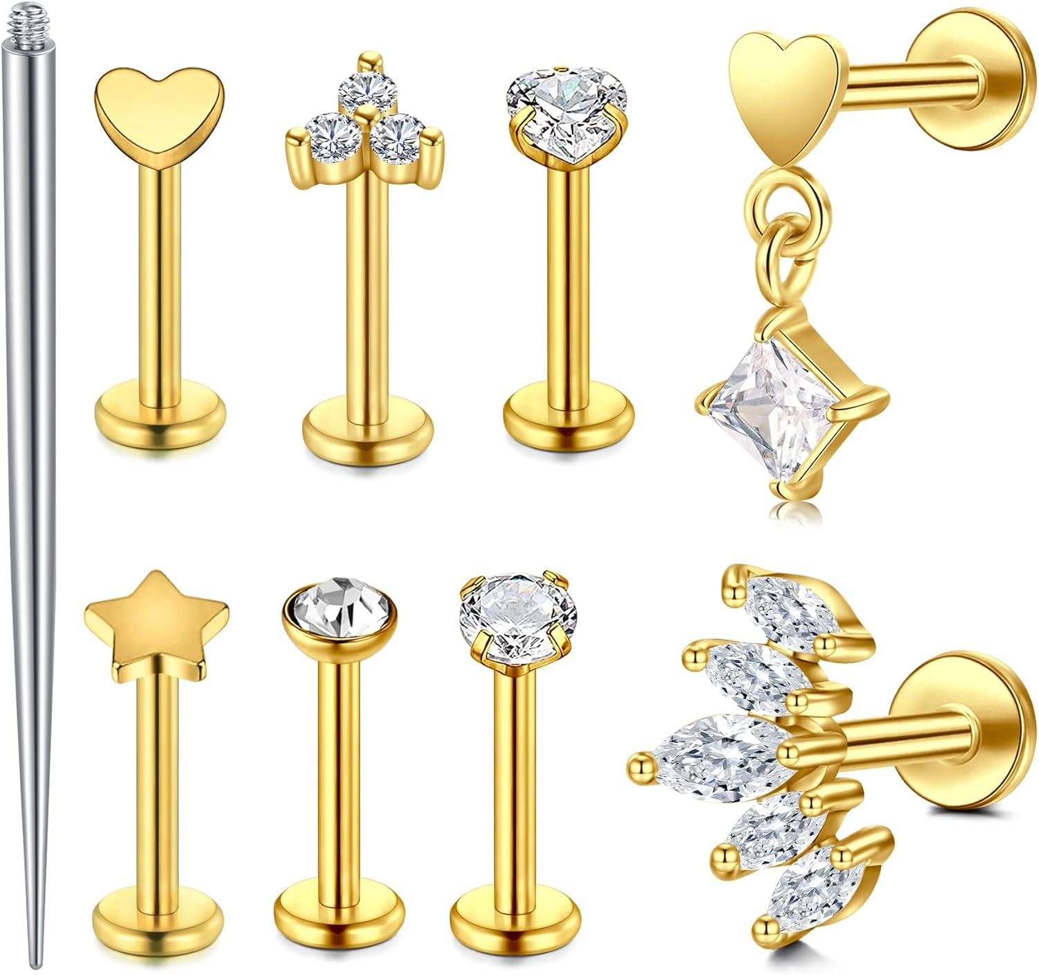 16G Internal Thread Earrings Studs Flat Back CZ Piercing Jewelry Tragus ...