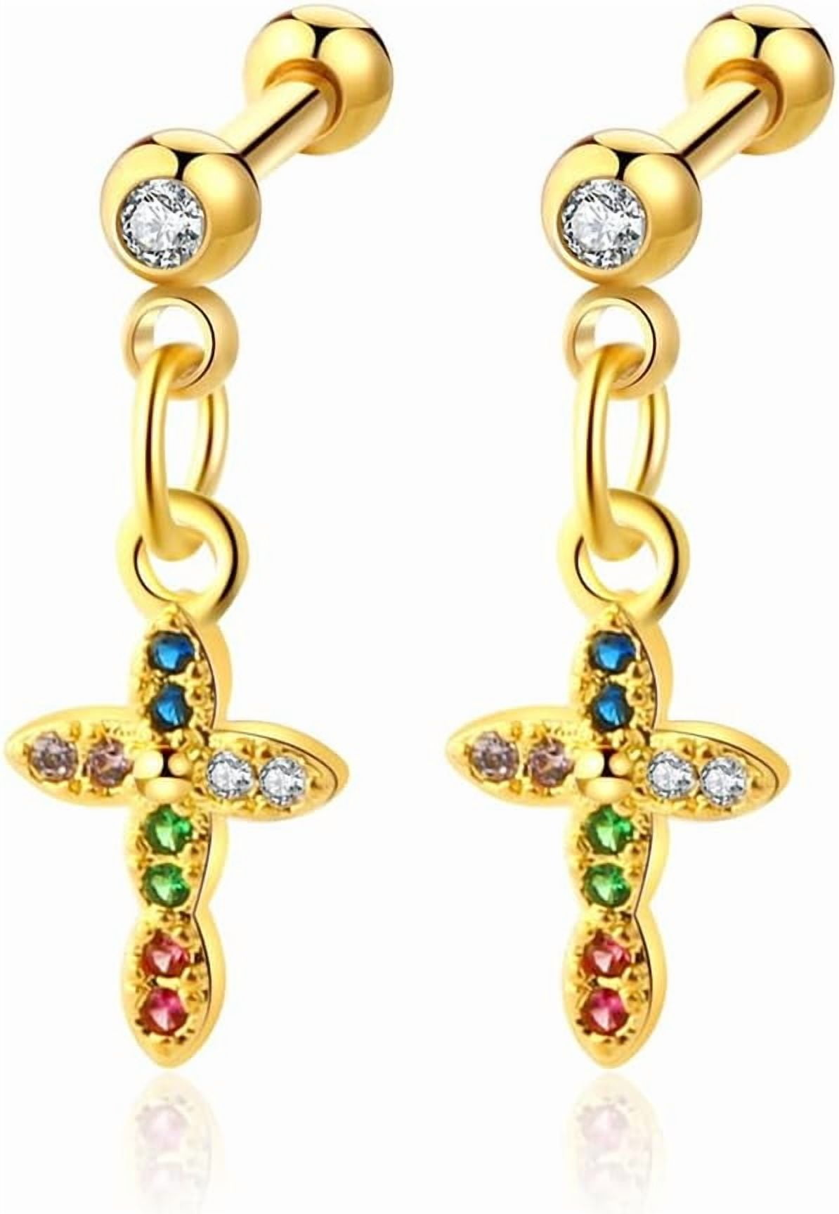 16G Quality Colorful CZ Cross Cartilage Dangle Earrings for Women ...