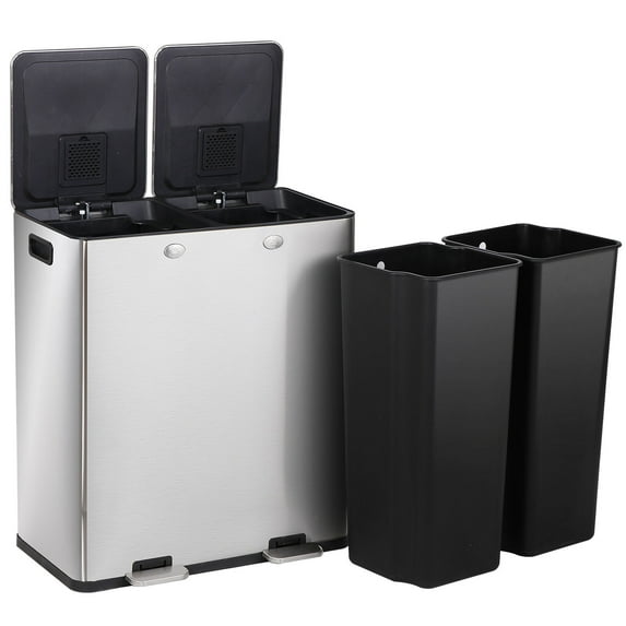16Gal Dual Compartment Trash Can Stainless Steel Kitchen Garbage Bin ...