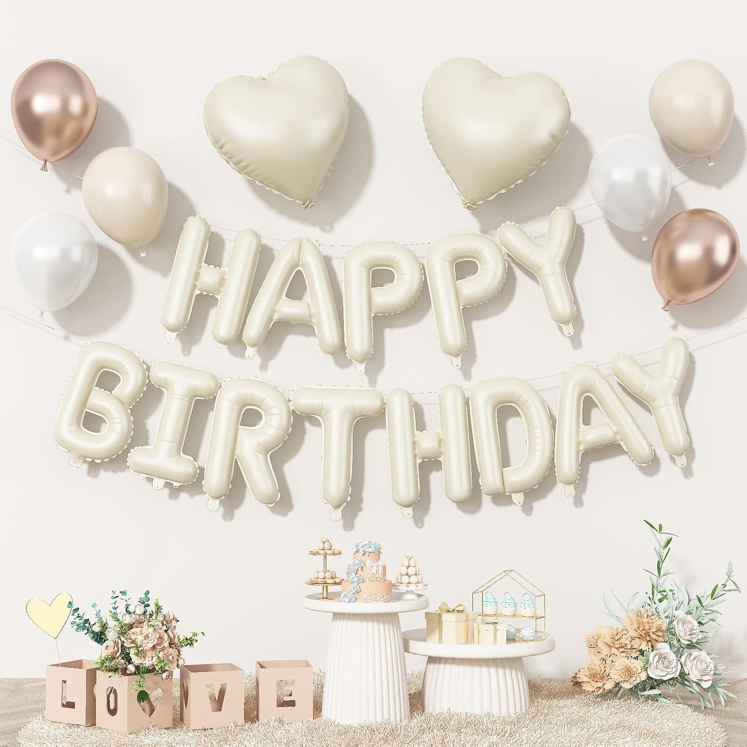 16Inch Cream Happy Birthday Balloon Banner - Beige Mylar Letter Heart ...